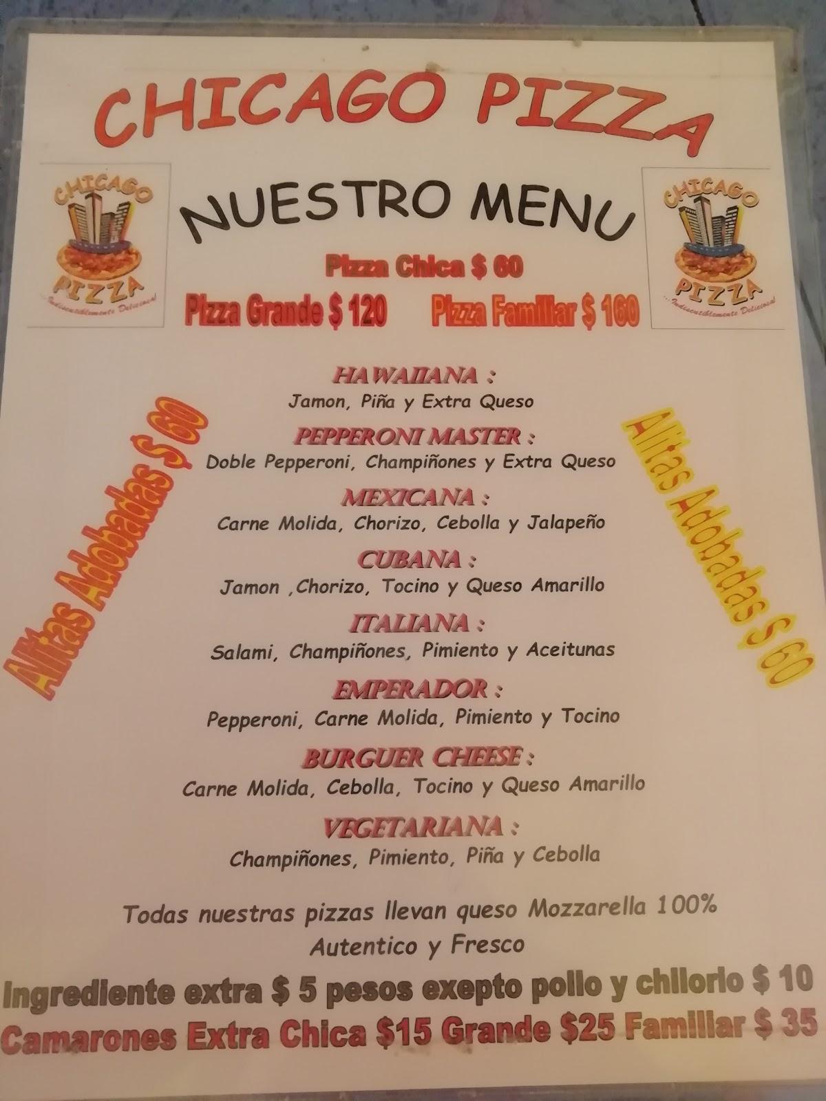 Menu at Chicago Pizza restaurant, Morelia