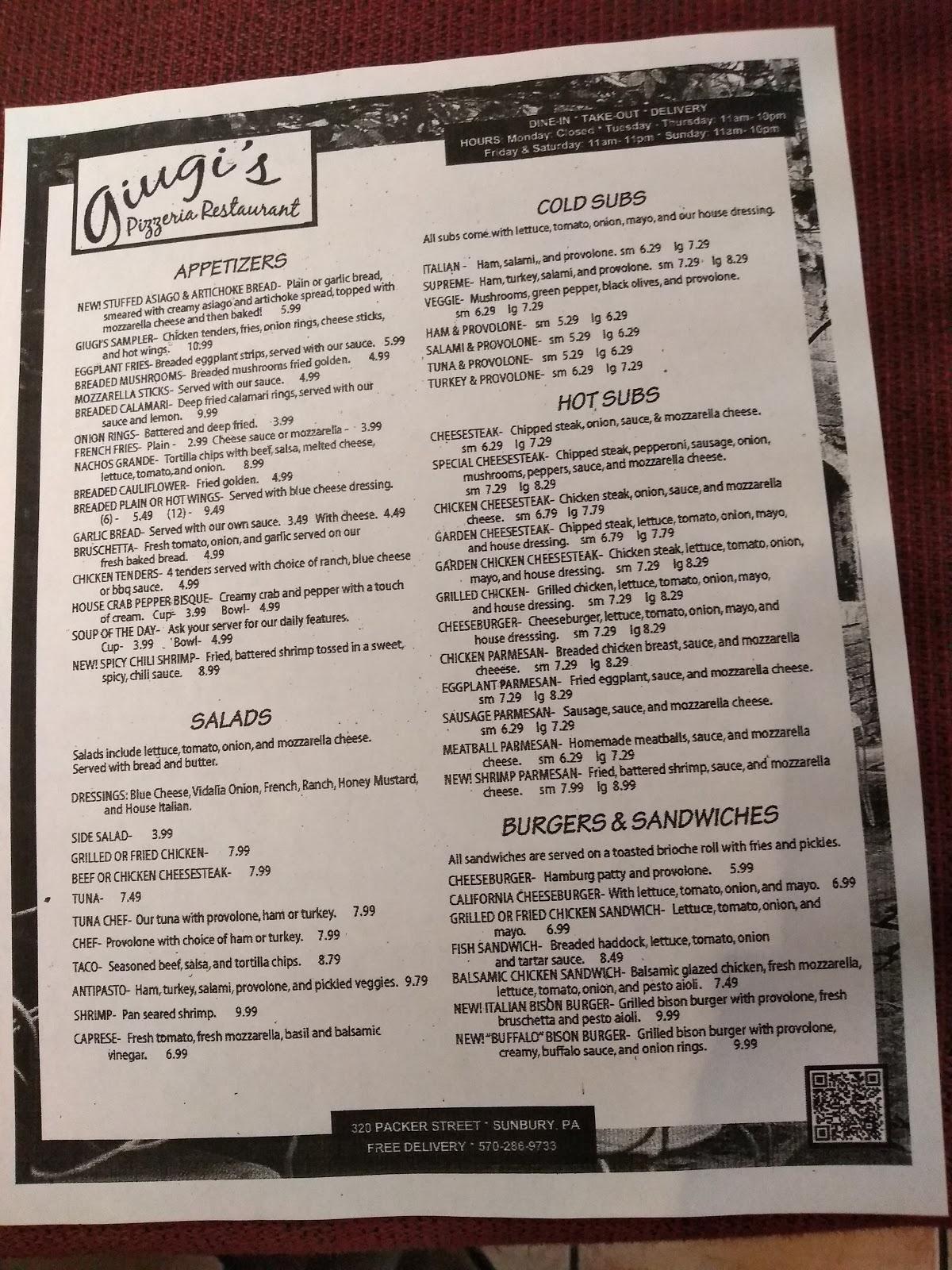 Menu at Giugi's pizzeria, Sunbury