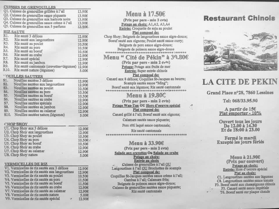 Menu au La Cite de Pékin, Lessines