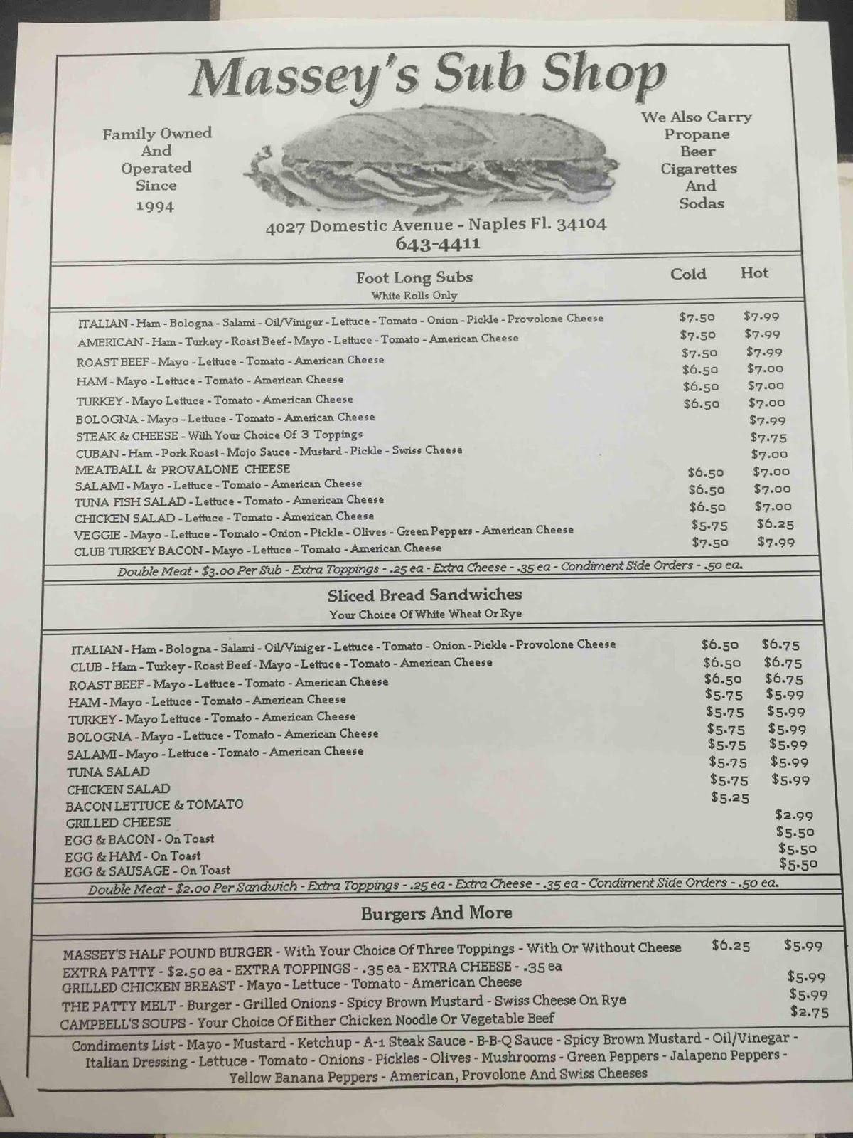 Menu at Massey's Sub Shop restaurant, Naples
