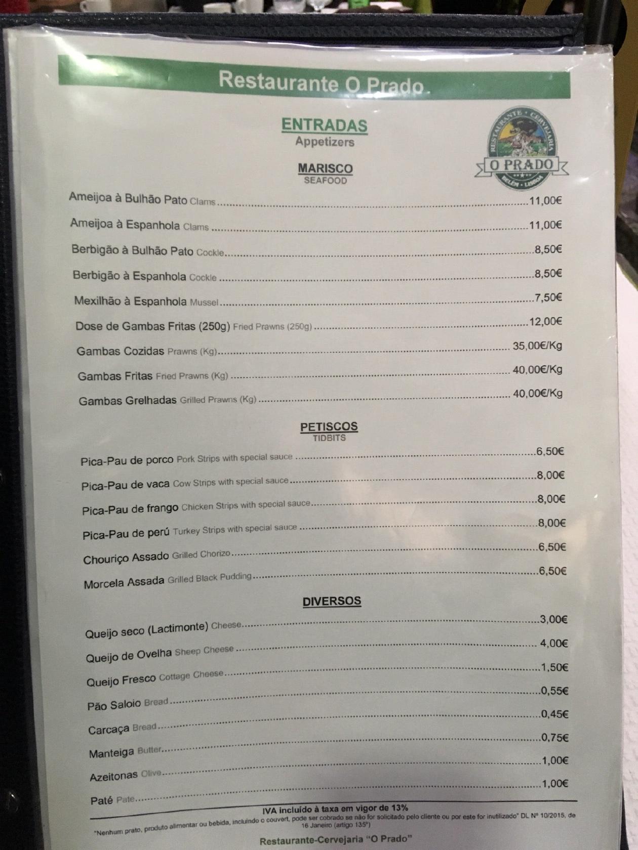 Menu em O Prado restaurante, Lisboa