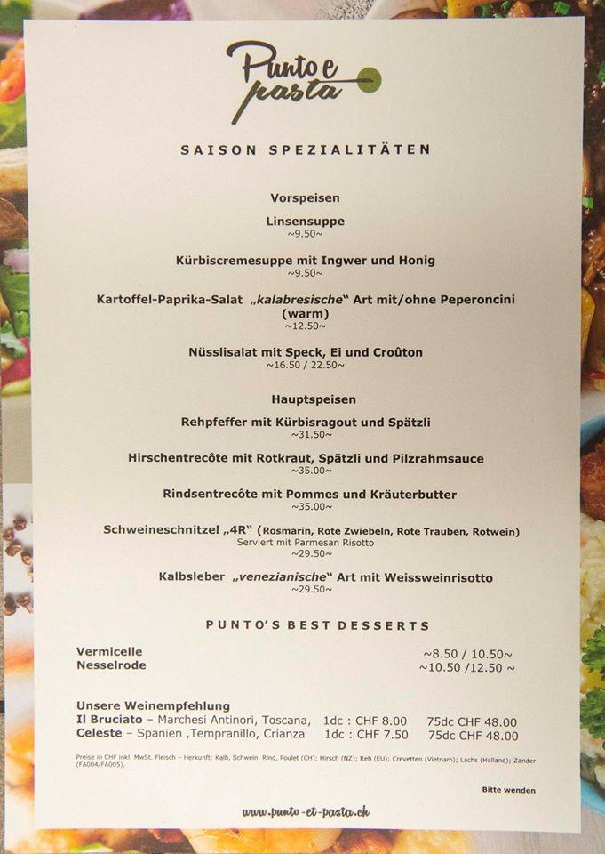 Menu at Punto e Pasta, Winterthur