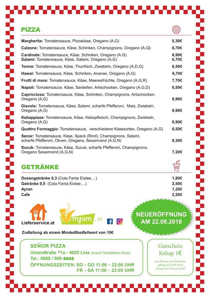 Menu at Señor Pizza, Linz