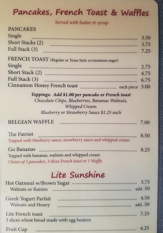 Menu at Sunnyside Cafe, Randolph