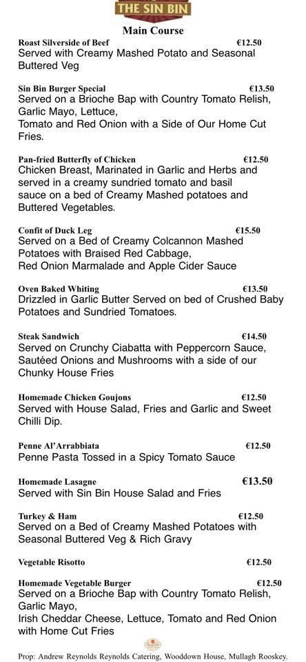 Menu at The SinBin pub & bar, Longford