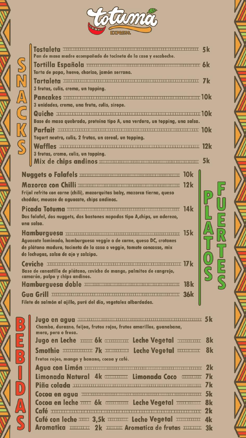 Menu at Totuma Express restaurant, Tunja