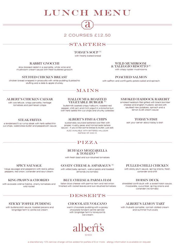 Menu at Albert's Shed, Castlefield restaurant, Manchester