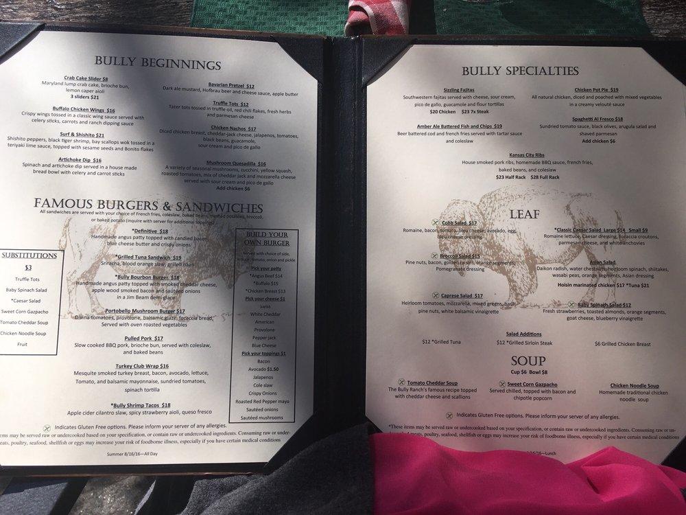 Menu at Bully Ranch Restaurant, Vail