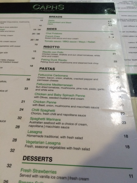 Menu at Caph's Restaurant & Bar, Griffith