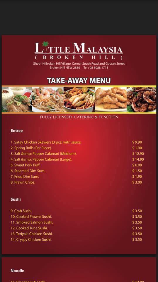 Menu at Little Malaysia restaurant, Broken Hill, shop 14