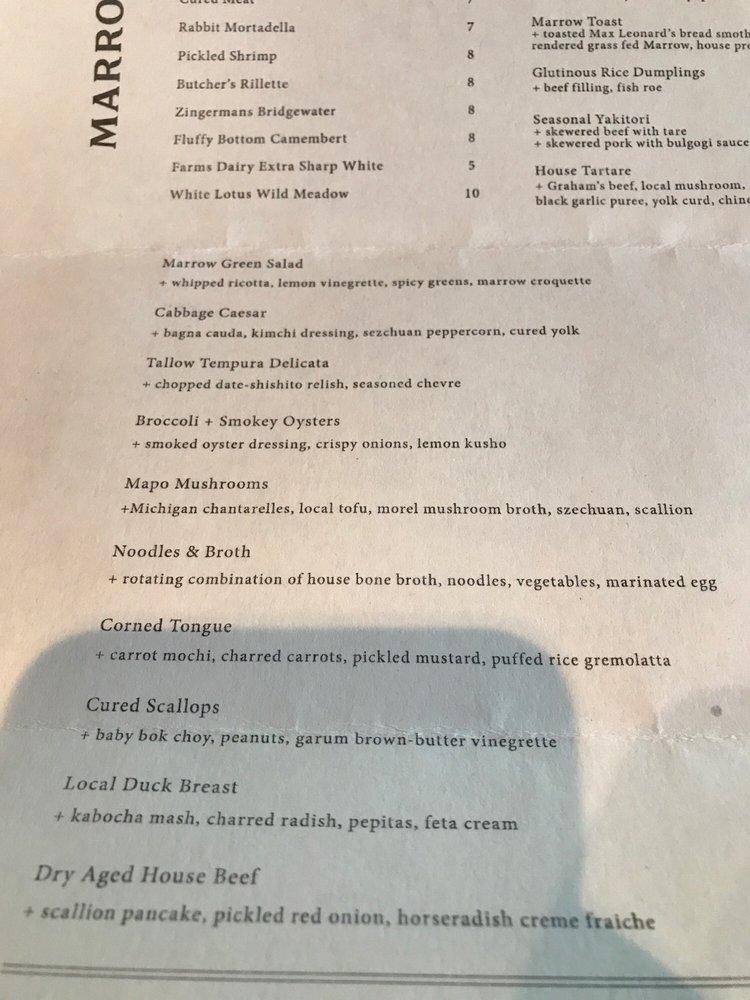 Menu at Marrow restaurant, Detroit