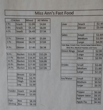 Menu at Miss Ann's Fast Foods, Amite City