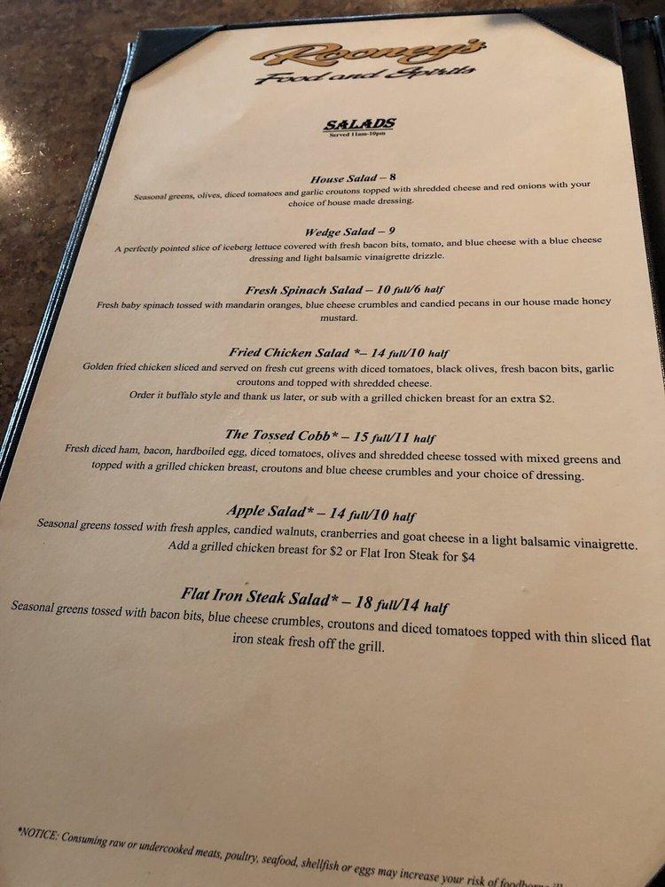 Menu at Rooney's Food and Spirits pub & bar, Woodinville