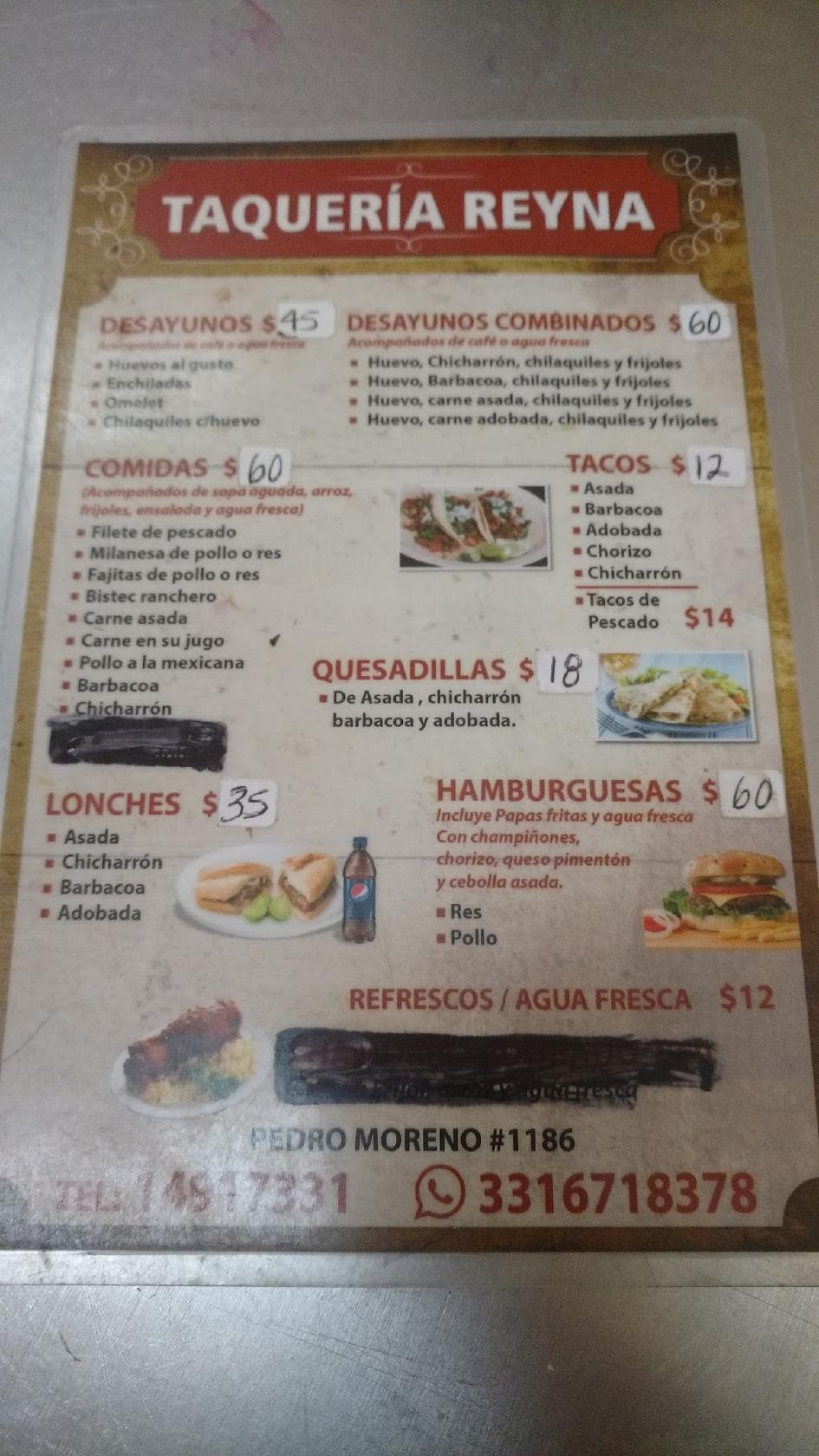 Menu at Taquería Reyna restaurant, Guadalajara, C. Pedro Moreno 1182