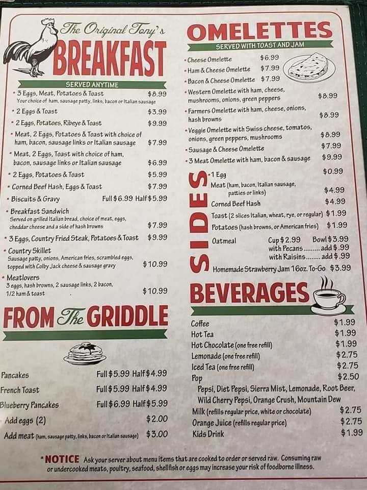 Menu at Tony's Original Restaurants, Saginaw, Gratiot Ave