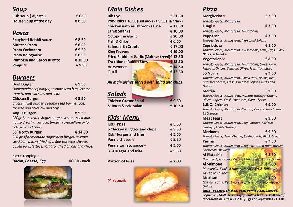 Menu at 35' North restaurant, Ħad-Dingli