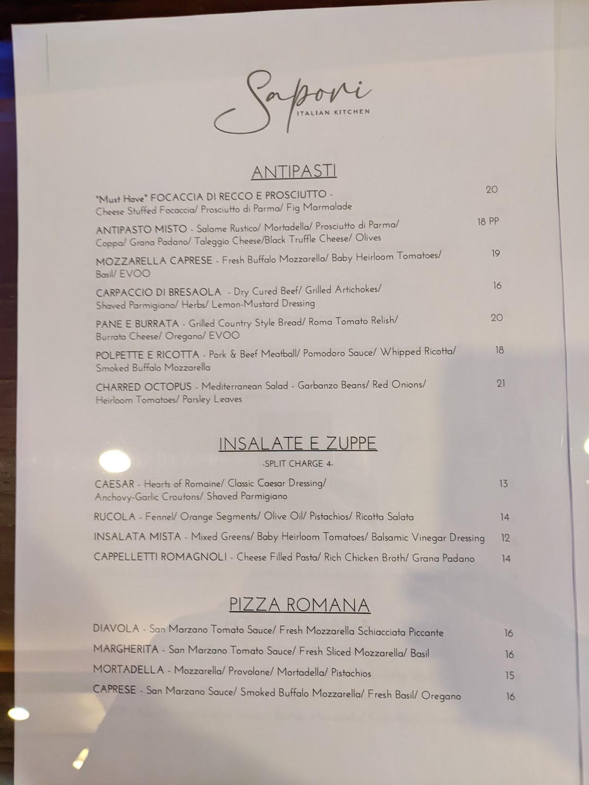Menu at Sapori Italian Kitchen at Harrah's Lake Tahoe restaurant, Stateline