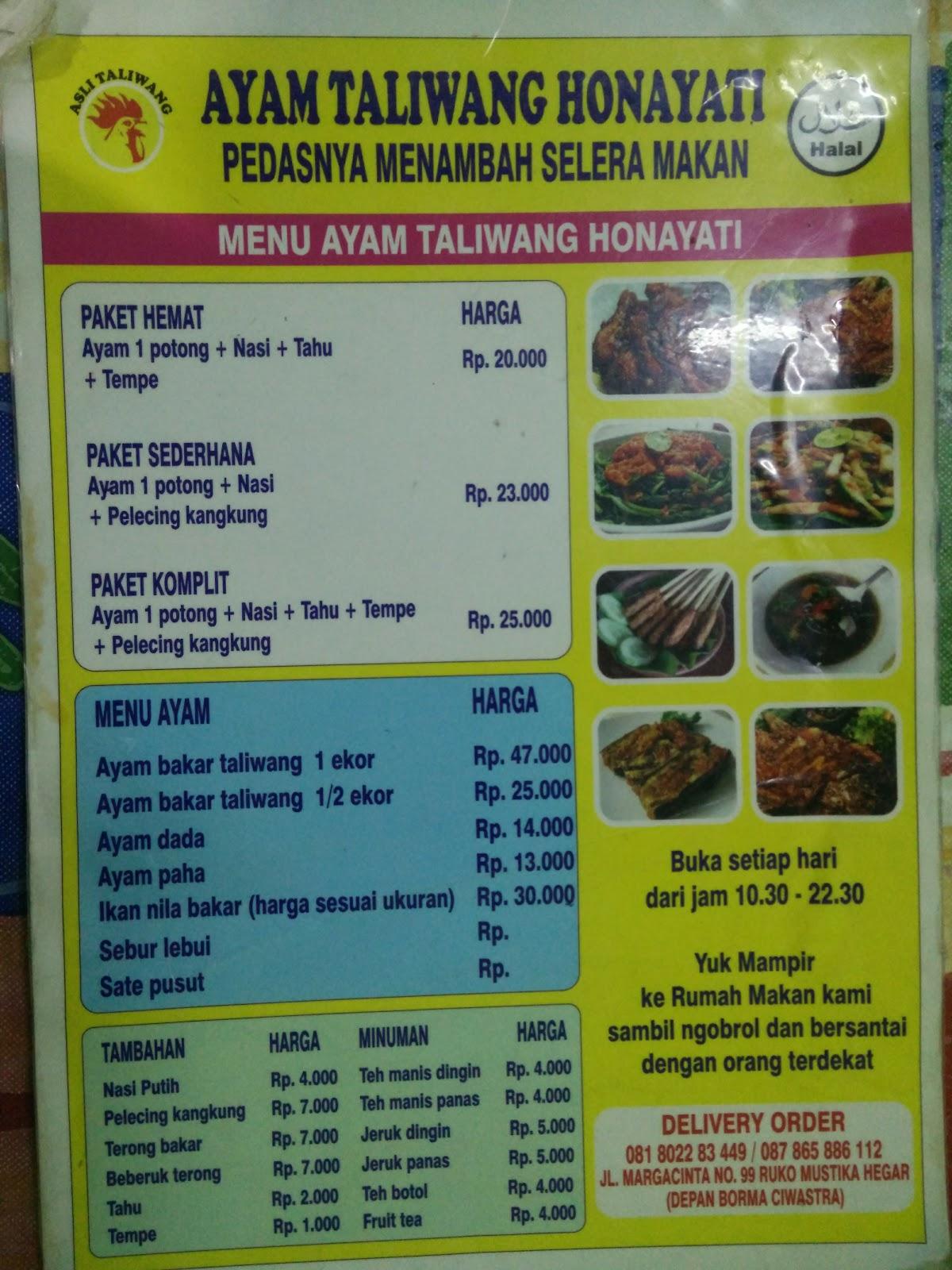 Menu at Taliwang Honayati restaurant, Bandung