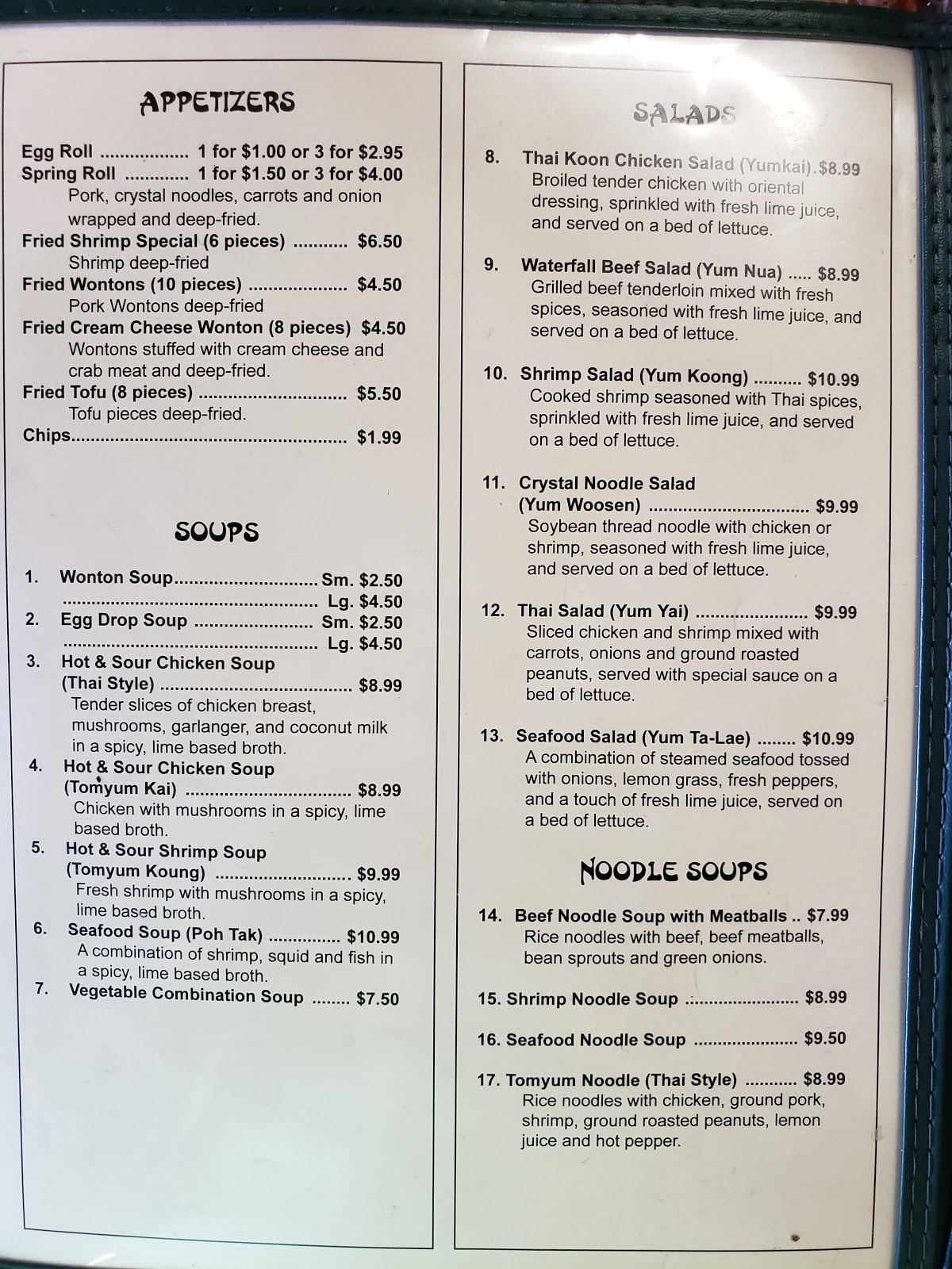 Menu at Thai Koon restaurant, Amarillo