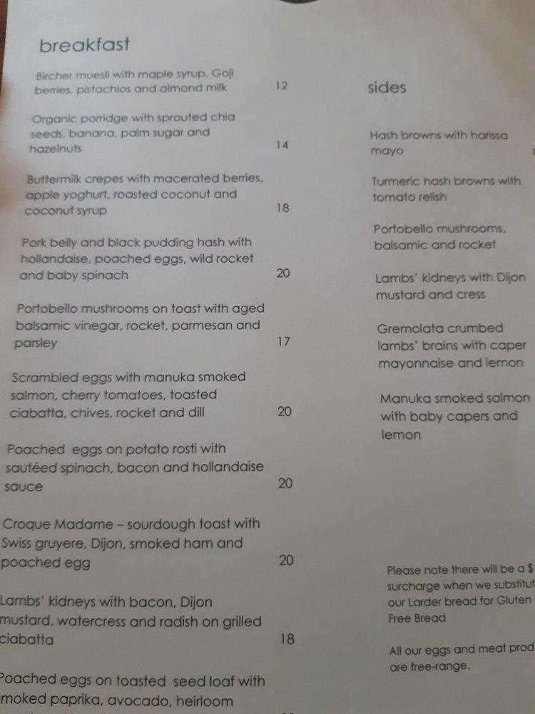 Menu at The Larder cafe, Wellington
