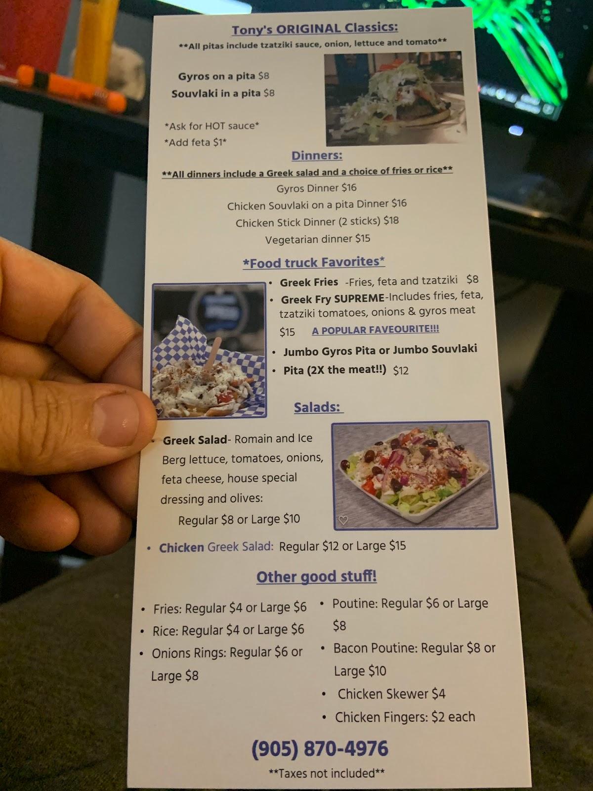 Menu at Tony's Corner Xpress restaurant, Caledonia
