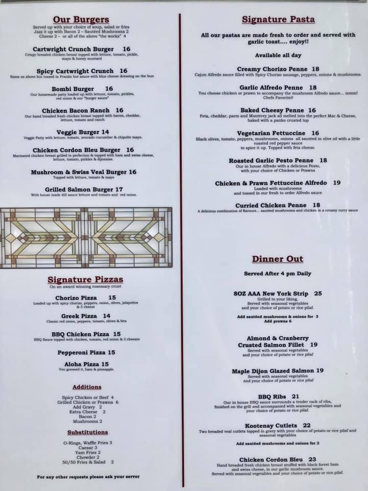Menu at Cartwright's Pub, Castlegar