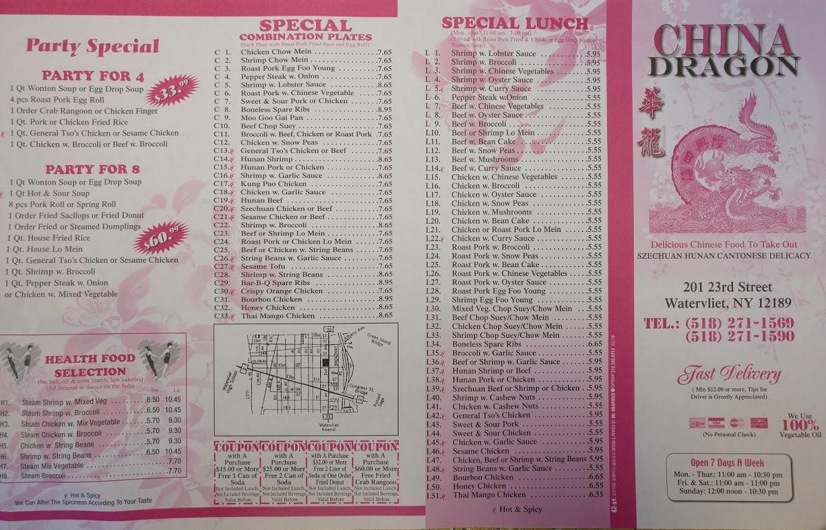 Menu at China Dragon restaurant, Watervliet