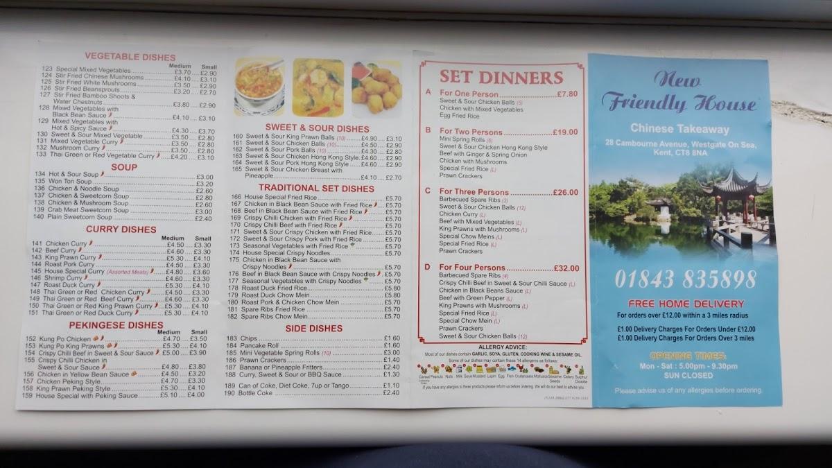 Menu at Friendly House Chinese Take Away fast food, Margate