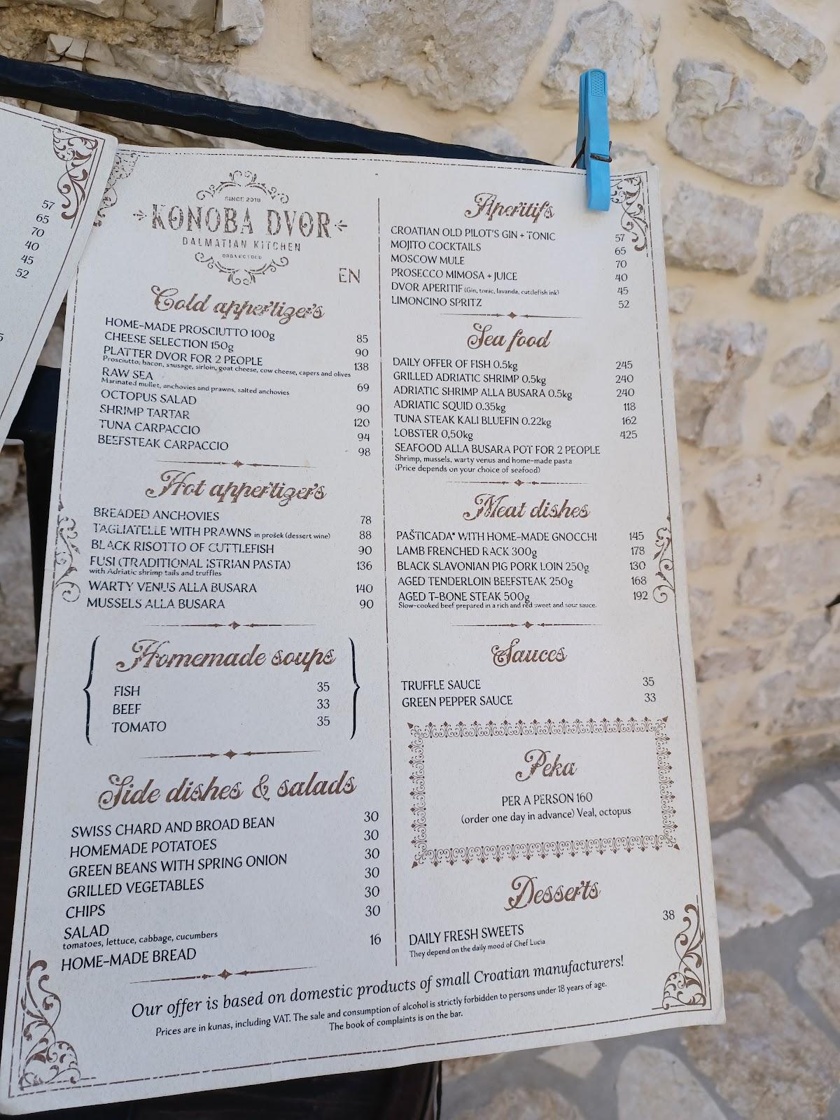 Menu at Konoba Dvor restaurant, Primošten