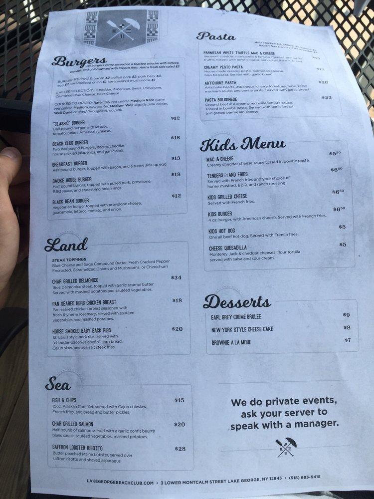 Menu at Lake George Beach Club, Lake George