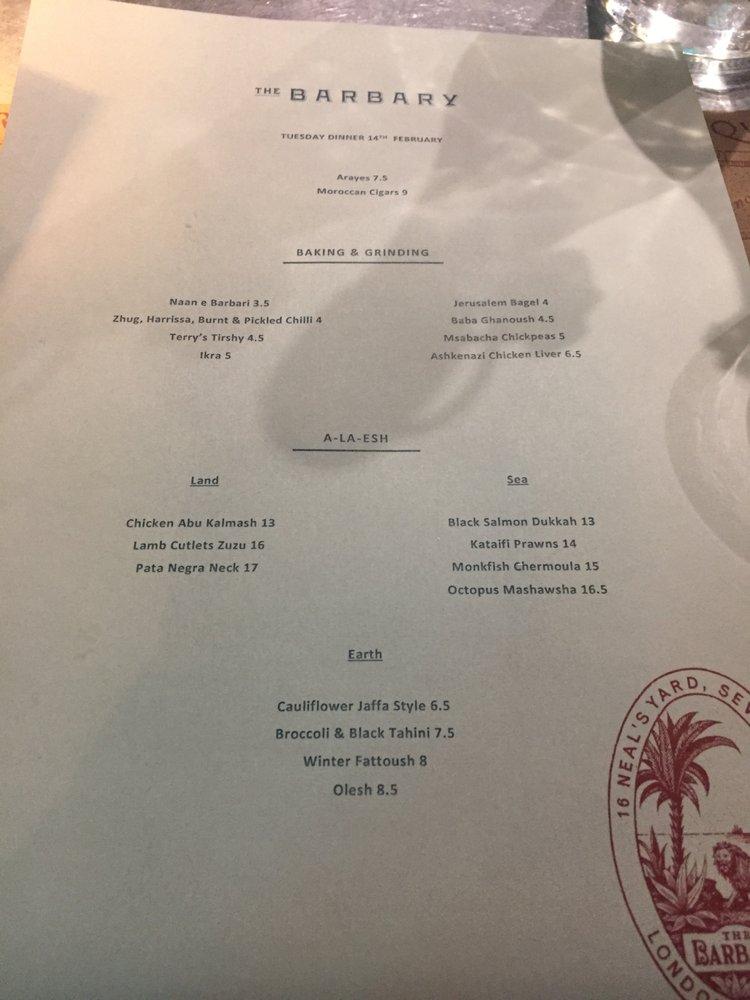 Menu at The Barbary, London