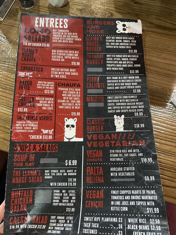 Menu at The Llama’s House restaurant, Estero