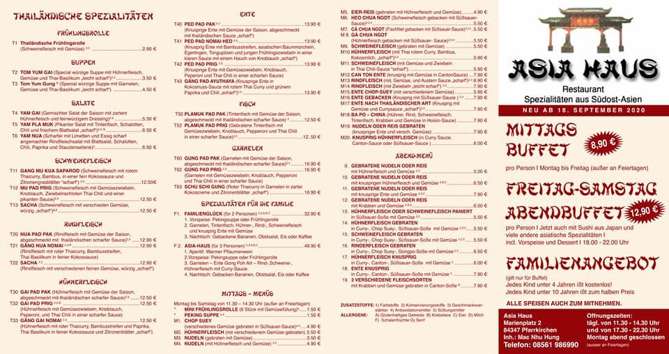 Speisekarte von Asia Haus restaurant, Pfarrkirchen