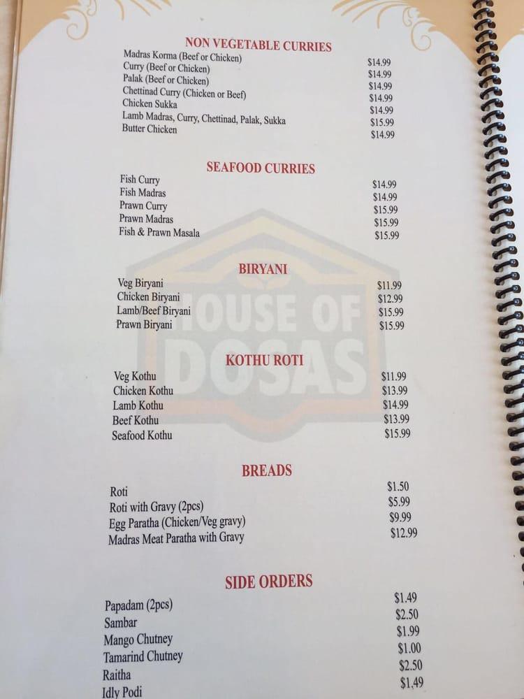 Menu at House Of Dosas restaurant, Vancouver