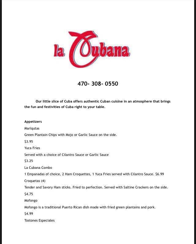 Carta del restaurante La Cubana, Marietta, 45 South Marietta Pkwy SW