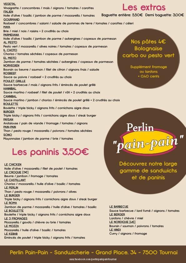 Menu at Perlin pain-pain, Tournai