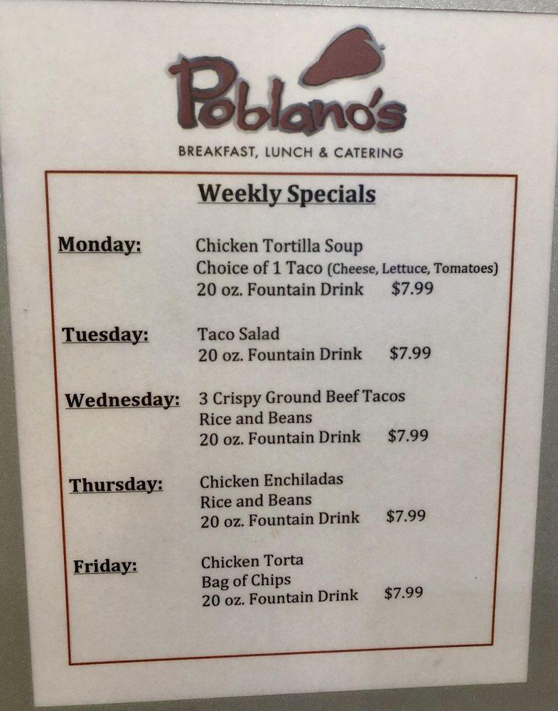 Menu at Poblano's restaurant, Houston