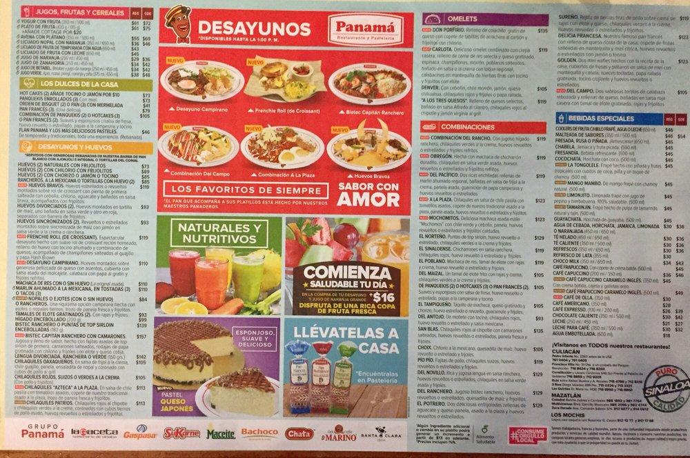 Carta de Restaurante y Pastelería Panamá, Los Mochis