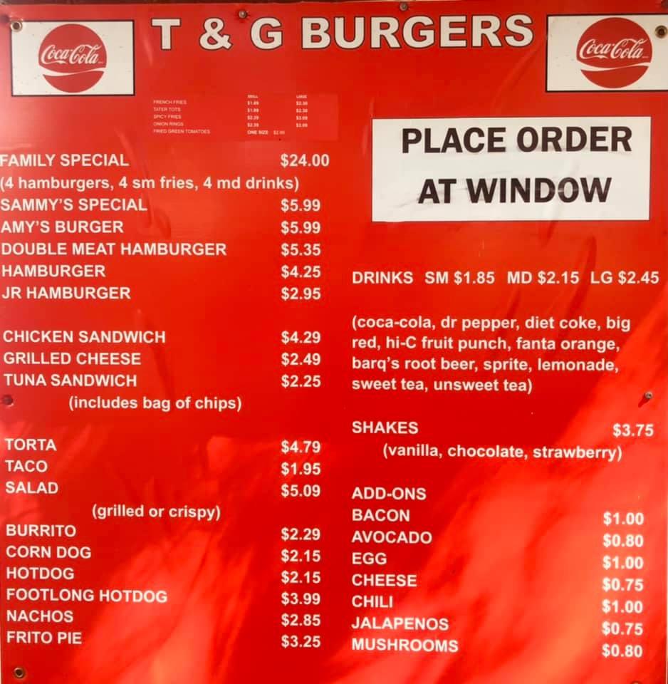 Menu at T & G Burger restaurant, Lufkin