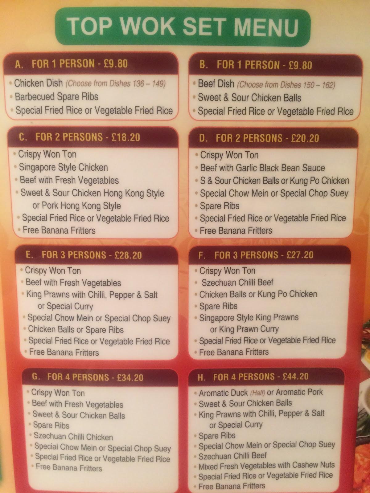 Menu at Top wok Chinese takeaway restaurant, Leasingham