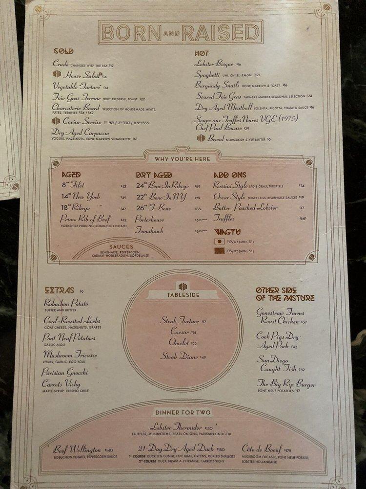 Menu at Born and Raised steakhouse, San Diego, India St