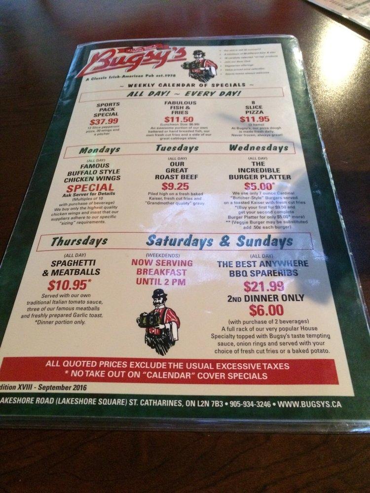 Menu at Bugsy's pub & bar, St. Catharines
