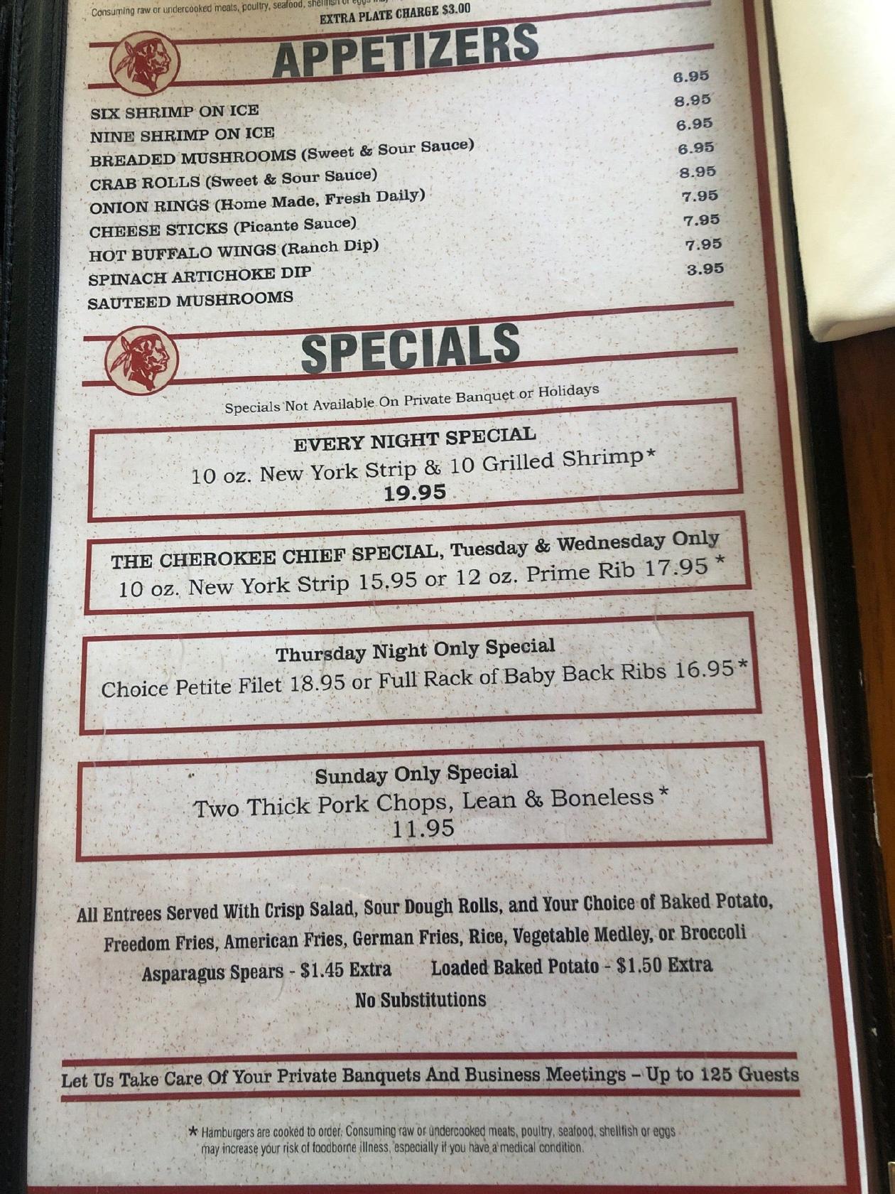 Menu at Cherokee Steak House steakhouse, Memphis