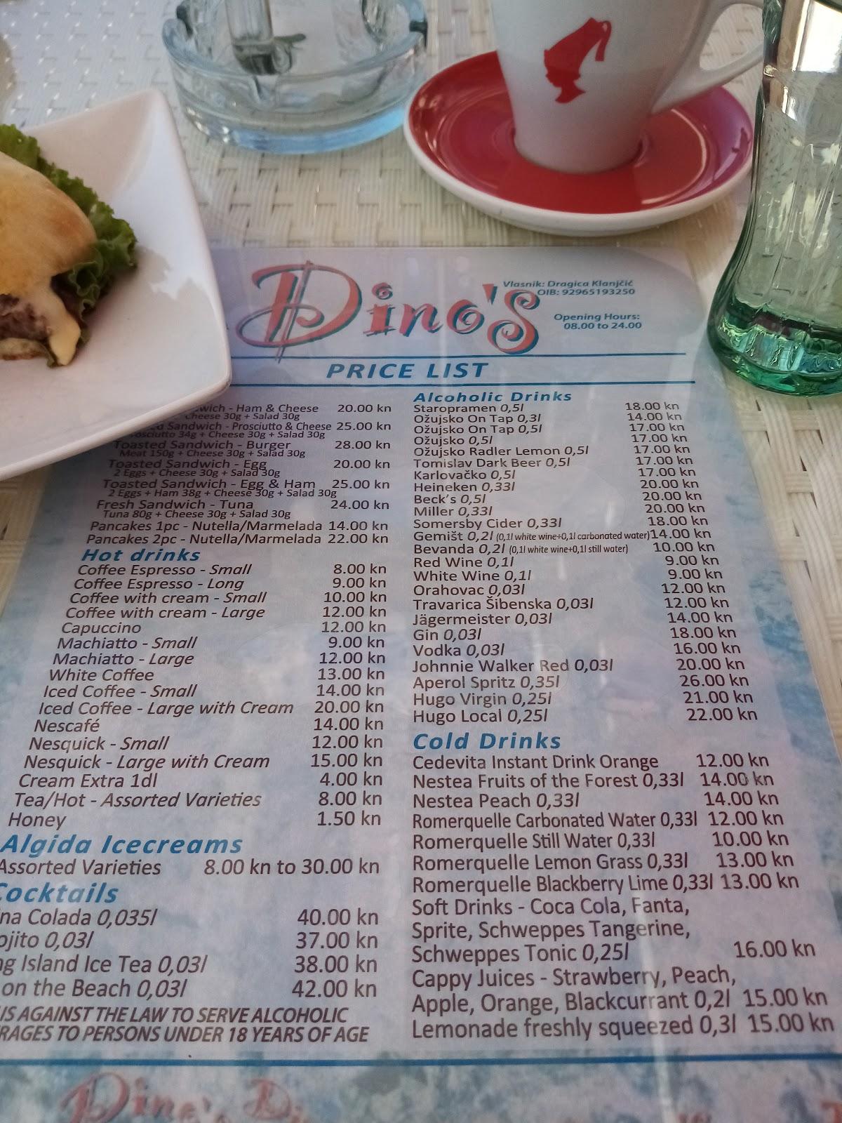 Menu at Dino's Beach Bar, Brodarica