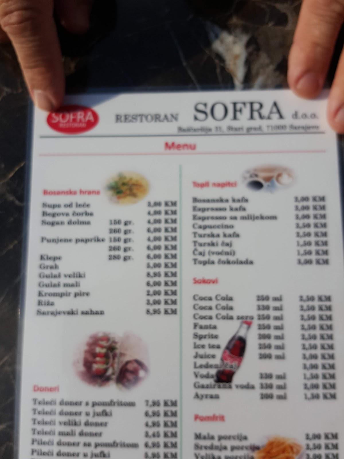 Speisekarte von Restoran Sofra restaurant, Sarajevo