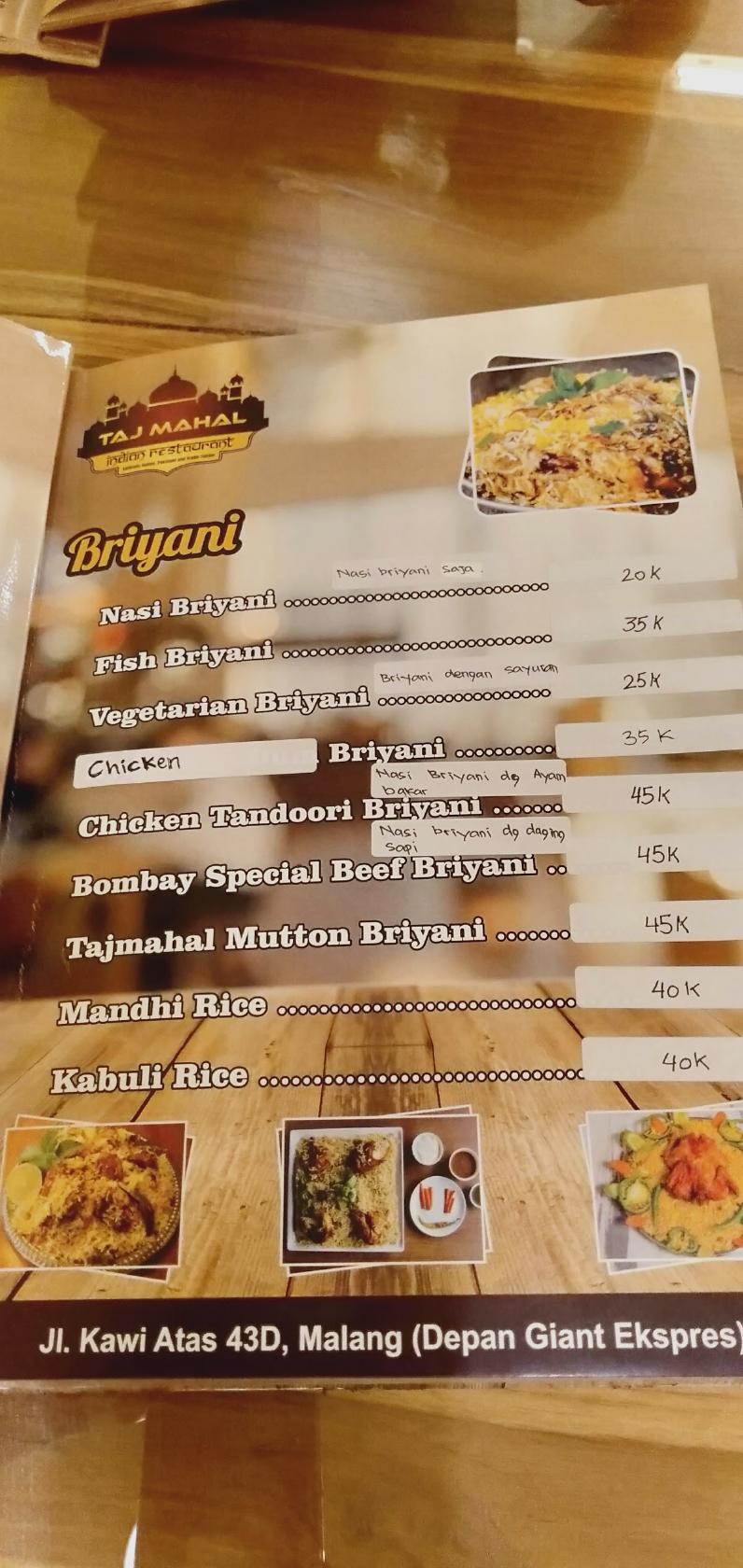 Menu at Taj mahal indian restaurant, Malang