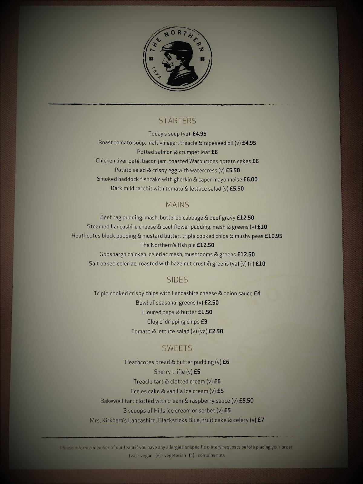 Menu at The Northern restaurant, Bolton