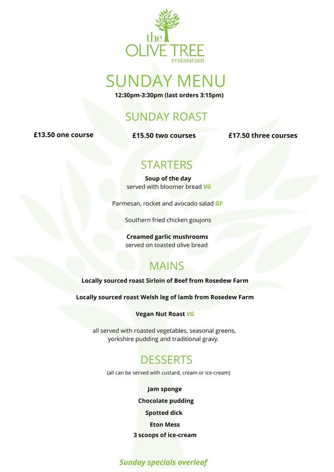 Menu at The Olive Tree restaurant, Pyle