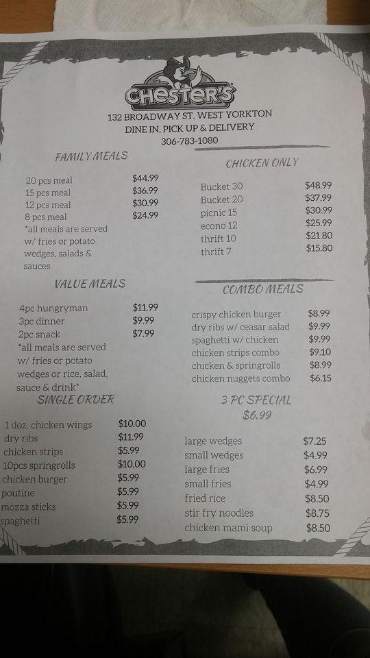 Menu at Chester's Chicken restaurant, Yorkton