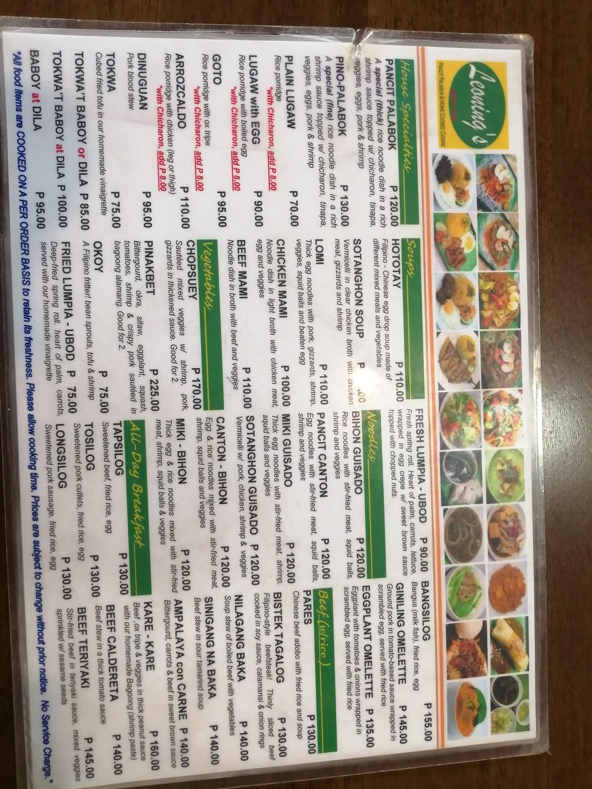 Menu at Leoning's Pancit Palabok restaurant, Quezon City, 1106 Shorthorn St